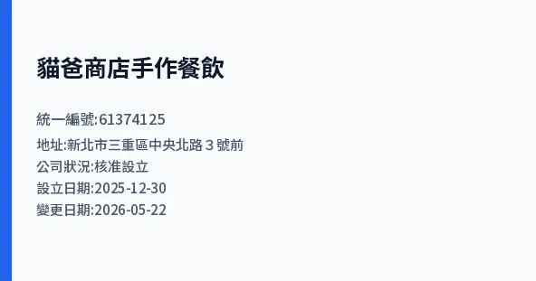 貓爸商店手作餐飲的照片-統編 61374125(新北市) 公司登記資料與營業項目詳細圖表
