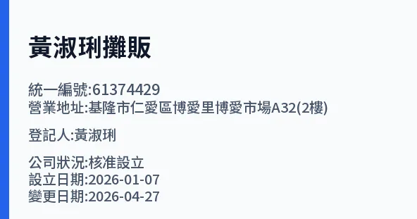 黃淑琍攤販的照片-統編 61374429(基隆市) 公司登記資料與營業項目詳細圖表