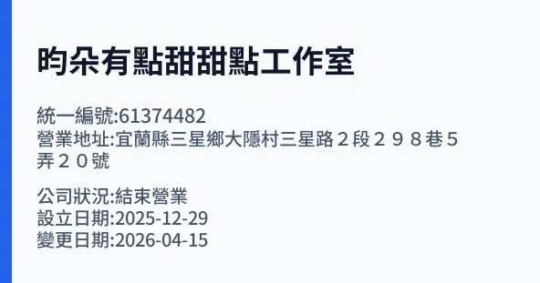 昀朵有點甜甜點工作室的照片-統編 61374482(宜蘭縣) 公司登記資料與營業項目詳細圖表