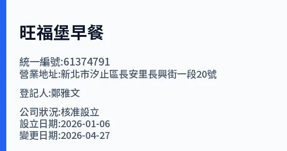 旺福堡早餐的照片-統編 61374791(新北市) 公司登記資料與營業項目詳細圖表