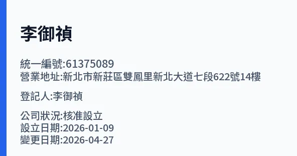 李御禎的照片-統編 61375089(新北市) 公司登記資料與營業項目詳細圖表