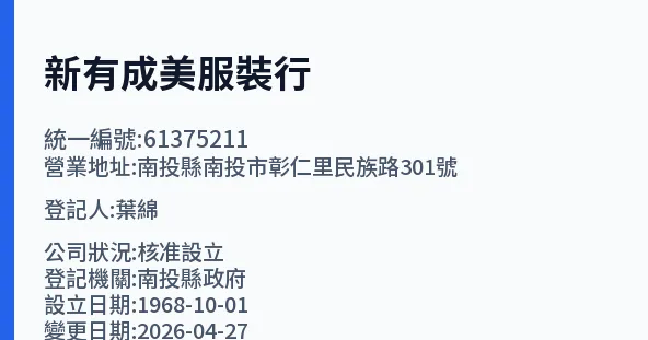 新有成美服裝行的照片-統編 61375211(南投縣) 公司登記資料與營業項目詳細圖表