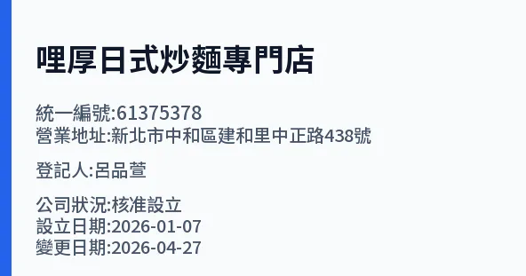 哩厚日式炒麵專門店的照片-統編 61375378(新北市) 公司登記資料與營業項目詳細圖表