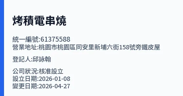 烤積電串燒的照片-統編 61375588(桃園市) 公司登記資料與營業項目詳細圖表