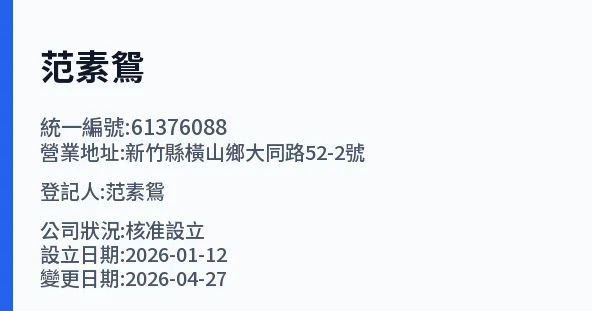 范素鴛的照片-統編 61376088(新竹縣) 公司登記資料與營業項目詳細圖表