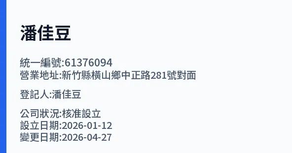 潘佳豆的照片-統編 61376094(新竹縣) 公司登記資料與營業項目詳細圖表