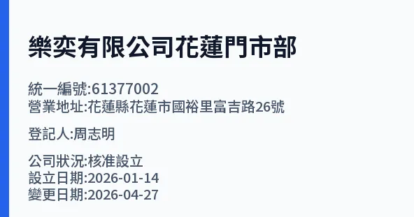 樂奕有限公司花蓮門市部的照片-統編 61377002(花蓮縣) 公司登記資料與營業項目詳細圖表