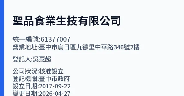 聖品食業生技有限公司的照片-統編 61377007(臺中市) 公司登記資料與營業項目詳細圖表
