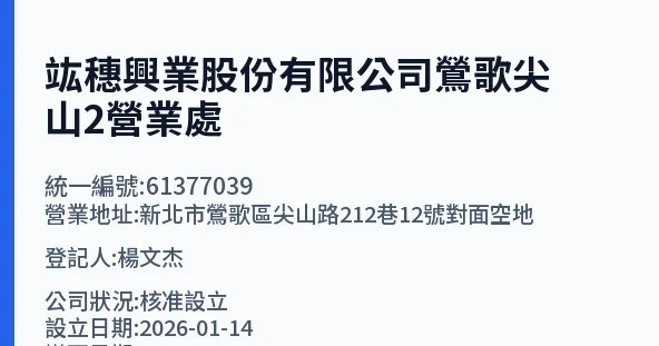 竑穗興業股份有限公司鶯歌尖山2營業處的照片-統編 61377039(新北市) 公司登記資料與營業項目詳細圖表