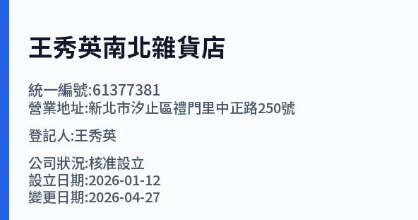 王秀英南北雜貨店的照片-統編 61377381(新北市) 公司登記資料與營業項目詳細圖表