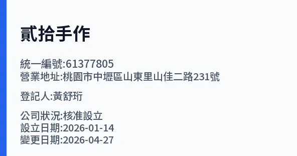 貳拾手作的照片-統編 61377805(桃園市) 公司登記資料與營業項目詳細圖表