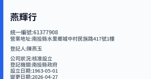 燕輝行的照片-統編 61377908(南投縣) 公司登記資料與營業項目詳細圖表