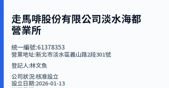 走馬啡股份有限公司淡水海都營業所的照片-統編 61378353(新北市) 公司登記資料與營業項目詳細圖表