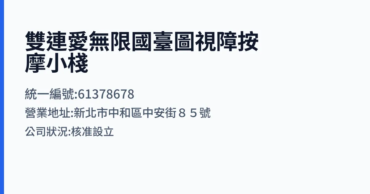 雙連愛無限國臺圖視障按摩小棧 - 統編 61378678(新北市) 公司登記資料與營業項目詳細圖表