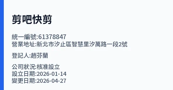 剪吧快剪的照片-統編 61378847(新北市) 公司登記資料與營業項目詳細圖表