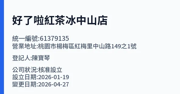 好了啦紅茶冰中山店的照片-統編 61379135(桃園市) 公司登記資料與營業項目詳細圖表