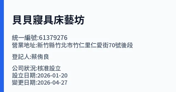 貝貝寢具床藝坊的照片-統編 61379276(新竹縣) 公司登記資料與營業項目詳細圖表