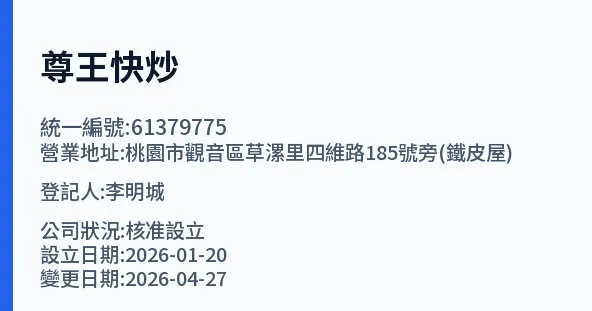 尊王快炒的照片-統編 61379775(桃園市) 公司登記資料與營業項目詳細圖表
