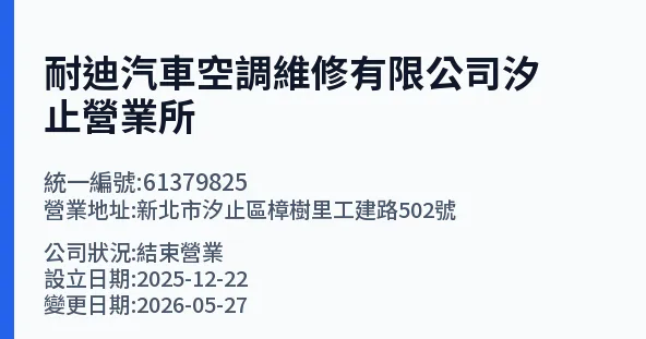 耐迪汽車空調維修有限公司汐止營業所的照片-統編 61379825(新北市) 公司登記資料與營業項目詳細圖表