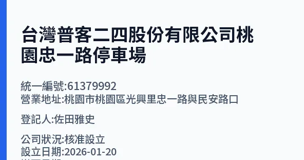 台灣普客二四股份有限公司桃園忠一路停車場的照片-統編 61379992(桃園市) 公司登記資料與營業項目詳細圖表