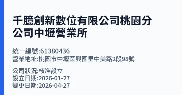 千臆創新數位有限公司桃園分公司中壢營業所的照片-統編 61380436(桃園市) 公司登記資料與營業項目詳細圖表