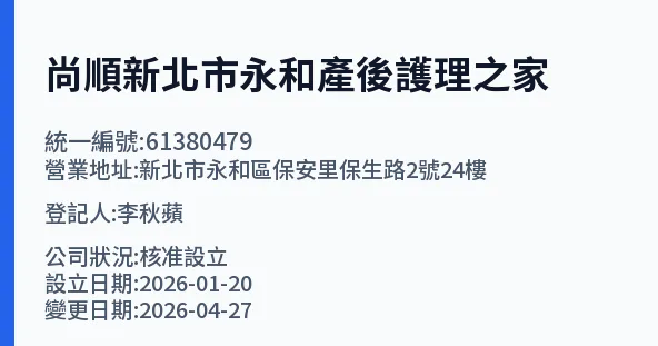 尚順新北市永和產後護理之家的照片-統編 61380479(新北市) 公司登記資料與營業項目詳細圖表