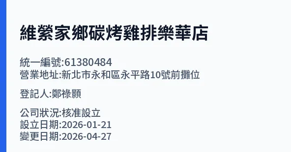 維縈家鄉碳烤雞排樂華店的照片-統編 61380484(新北市) 公司登記資料與營業項目詳細圖表