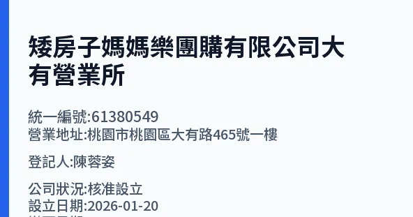 矮房子媽媽樂團購有限公司大有營業所的照片-統編 61380549(桃園市) 公司登記資料與營業項目詳細圖表