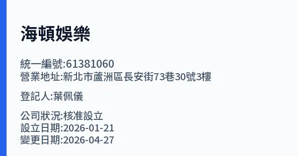 海頓娛樂的照片-統編 61381060(新北市) 公司登記資料與營業項目詳細圖表