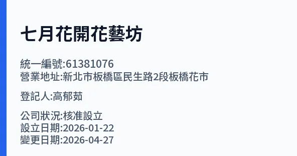 七月花開花藝坊的照片-統編 61381076(新北市) 公司登記資料與營業項目詳細圖表