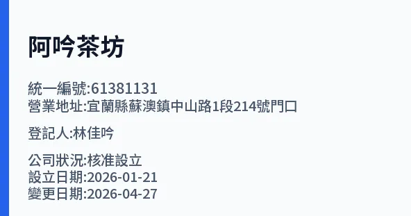阿吟茶坊的照片-統編 61381131(宜蘭縣) 公司登記資料與營業項目詳細圖表