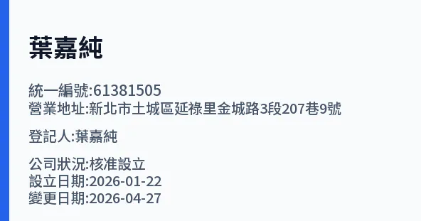 葉嘉純的照片-統編 61381505(新北市) 公司登記資料與營業項目詳細圖表