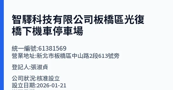 智驛科技有限公司板橋區光復橋下機車停車場的照片-統編 61381569(新北市) 公司登記資料與營業項目詳細圖表