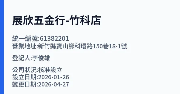 展欣五金行-竹科店的照片-統編 61382201(新竹縣) 公司登記資料與營業項目詳細圖表