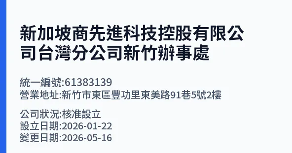 新加坡商先進科技控股有限公司台灣分公司新竹辦事處的照片-統編 61383139(新竹市) 公司登記資料與營業項目詳細圖表