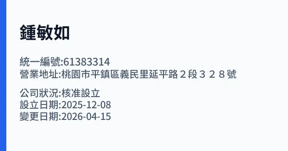鍾敏如的照片-統編 61383314(桃園市) 公司登記資料與營業項目詳細圖表