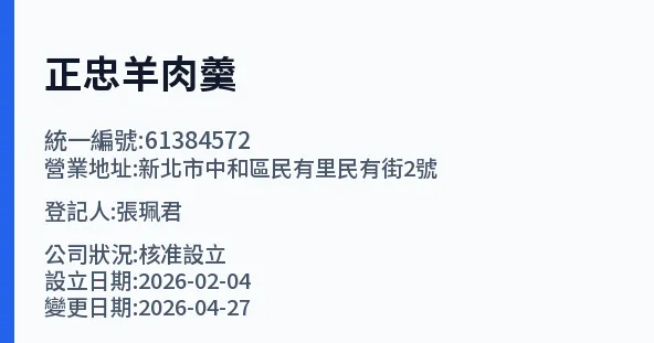 正忠羊肉羹的照片-統編 61384572(新北市) 公司登記資料與營業項目詳細圖表