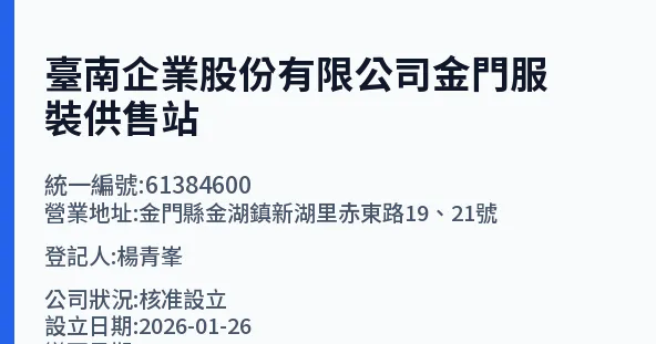 臺南企業股份有限公司金門服裝供售站的照片-統編 61384600(金門縣) 公司登記資料與營業項目詳細圖表