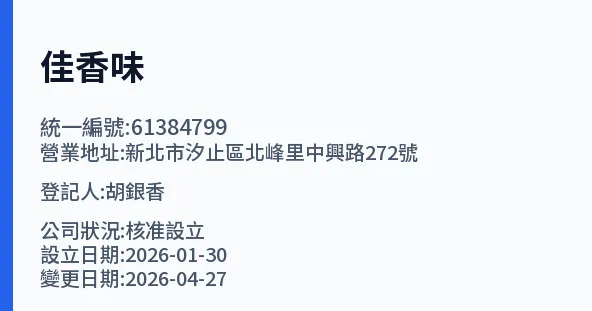 佳香味的照片-統編 61384799(新北市) 公司登記資料與營業項目詳細圖表