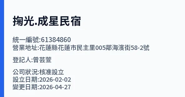 掬光.成星民宿的照片-統編 61384860(花蓮縣) 公司登記資料與營業項目詳細圖表