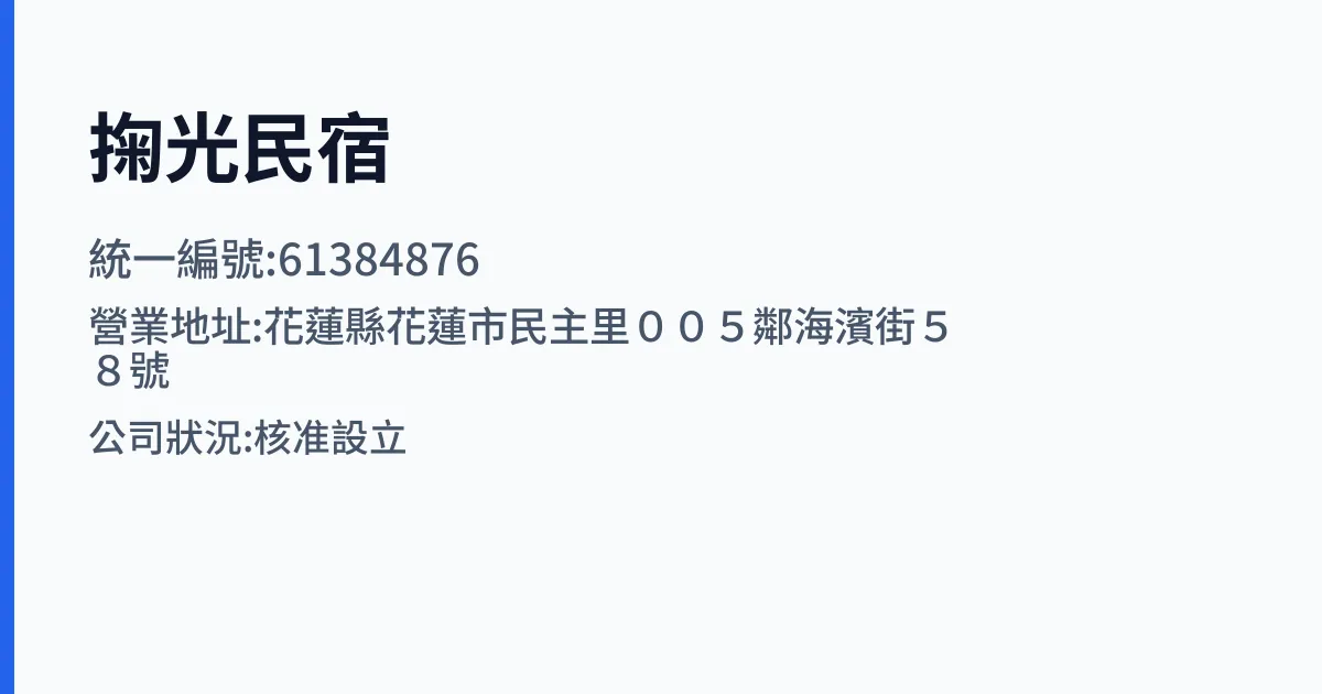 掬光民宿 - 統編 61384876(花蓮縣) 公司登記資料與營業項目詳細圖表