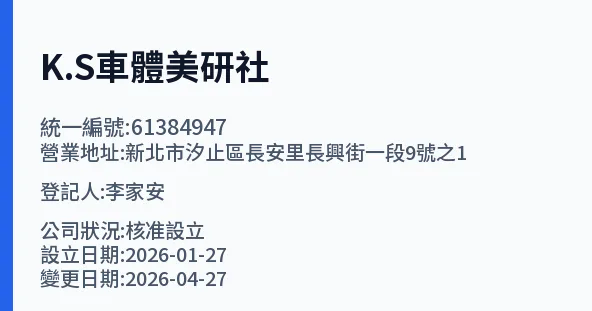 K.S車體美研社的照片-統編 61384947(新北市) 公司登記資料與營業項目詳細圖表