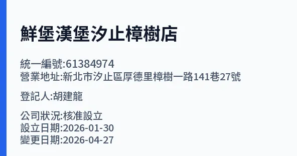 鮮堡漢堡汐止樟樹店的照片-統編 61384974(新北市) 公司登記資料與營業項目詳細圖表