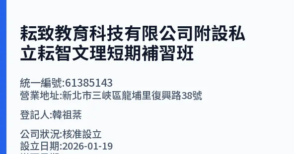 耘致教育科技有限公司附設私立耘智文理短期補習班的照片-統編 61385143(新北市) 公司登記資料與營業項目詳細圖表