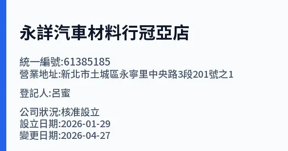 永詳汽車材料行冠亞店的照片-統編 61385185(新北市) 公司登記資料與營業項目詳細圖表