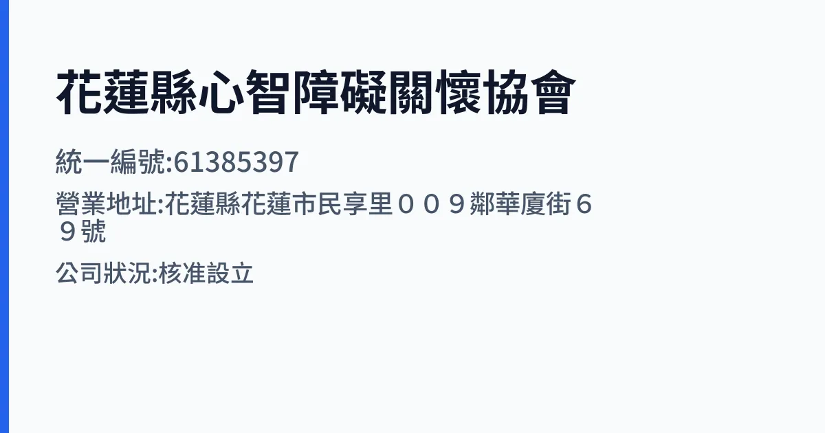 花蓮縣心智障礙關懷協會 - 統編 61385397(花蓮縣) 公司登記資料與營業項目詳細圖表