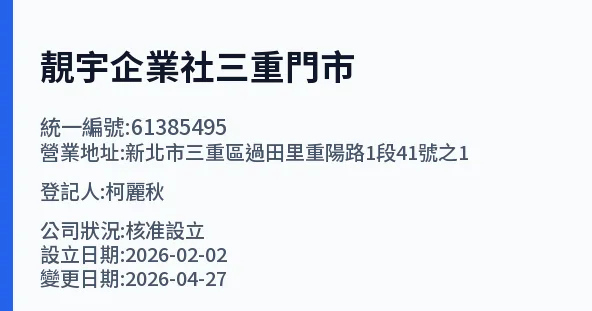 靚宇企業社三重門市的照片-統編 61385495(新北市) 公司登記資料與營業項目詳細圖表
