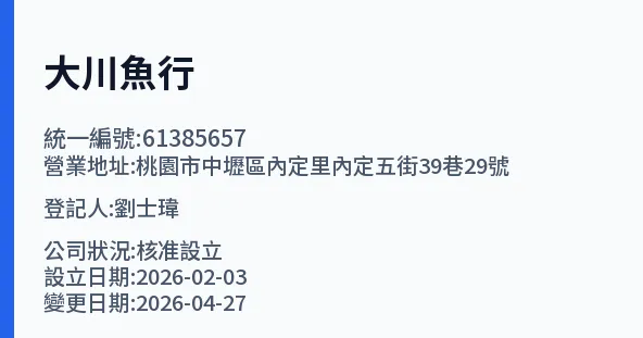 大川魚行的照片-統編 61385657(桃園市) 公司登記資料與營業項目詳細圖表