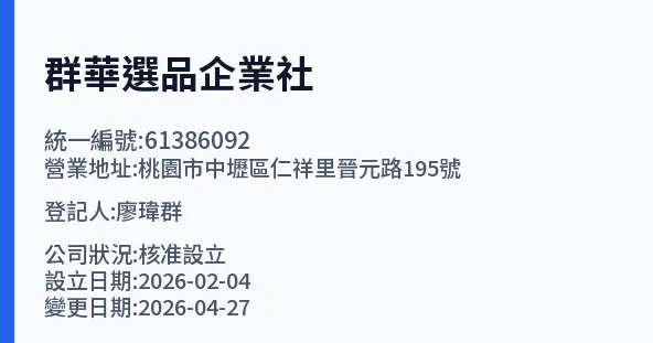 群華選品企業社的照片-統編 61386092(桃園市) 公司登記資料與營業項目詳細圖表