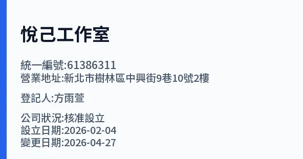 悅己工作室的照片-統編 61386311(新北市) 公司登記資料與營業項目詳細圖表